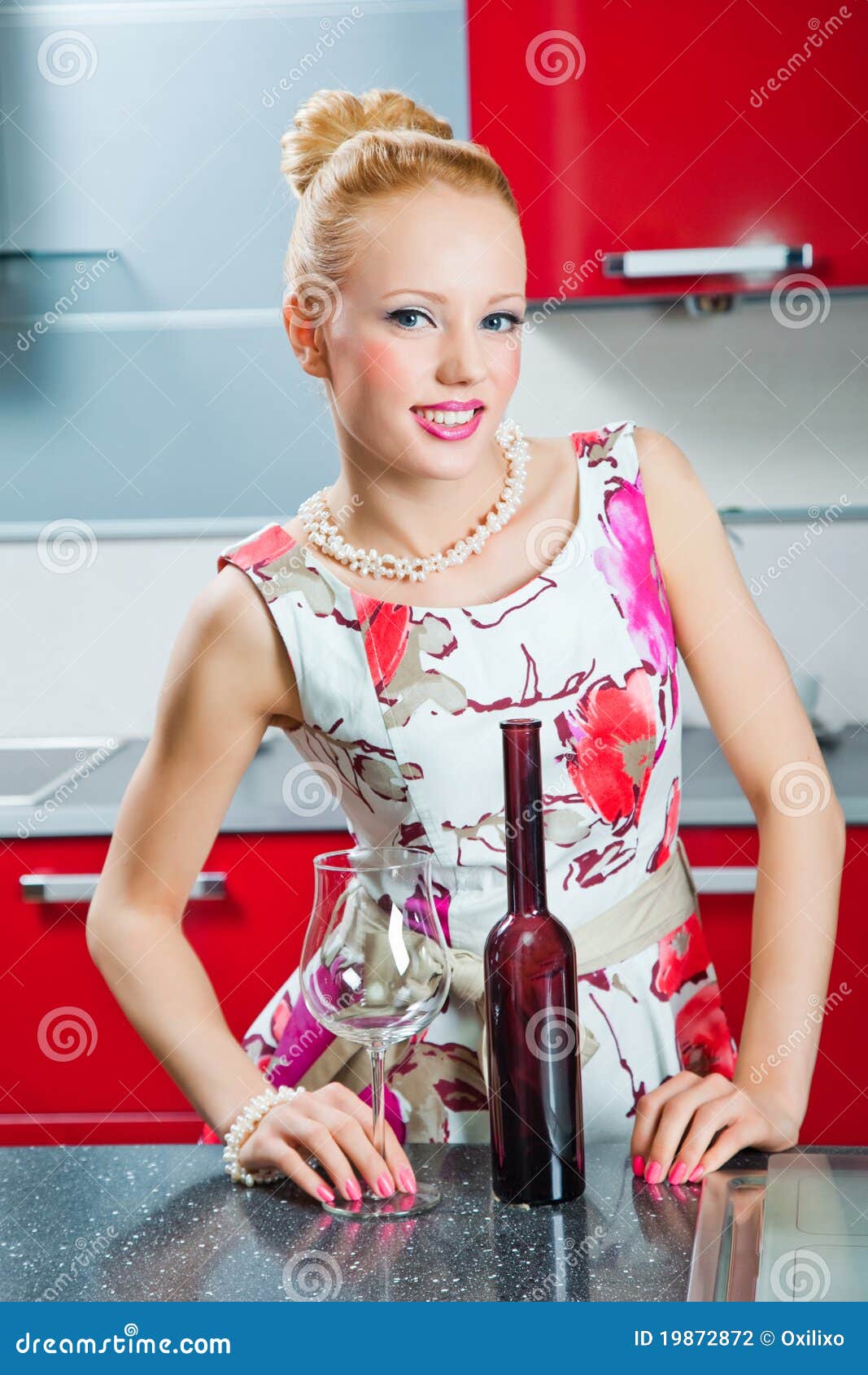 Girl with Glass and Bottle of Wine in Kitchen Stock Photo - Image of ...