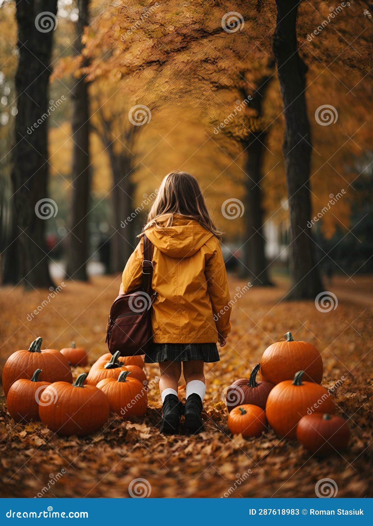 The Girl Goes To School in the Fall. Back To School. View from the Back ...