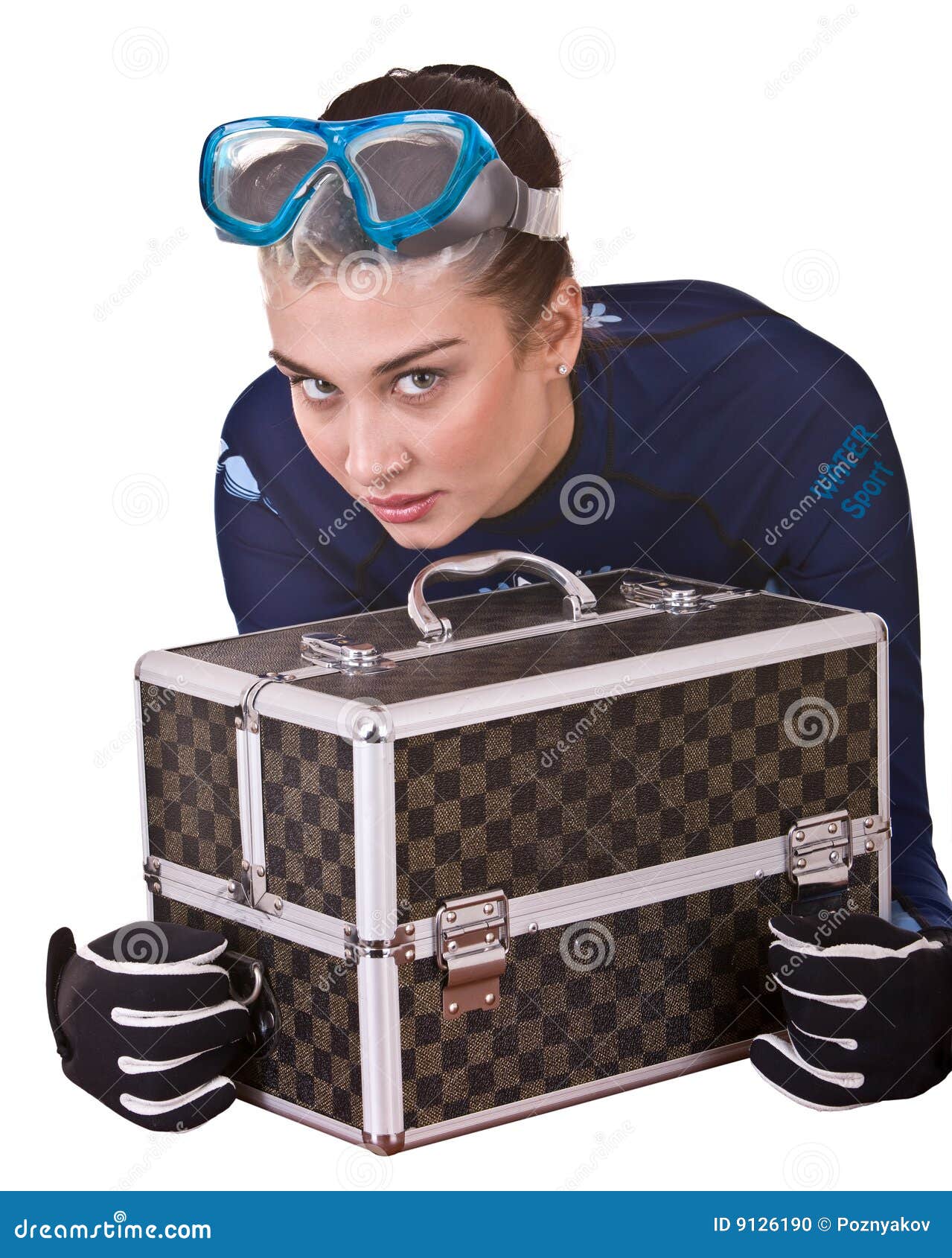 Girl in goggles with box. stock photo. Image of isolated - 9126190