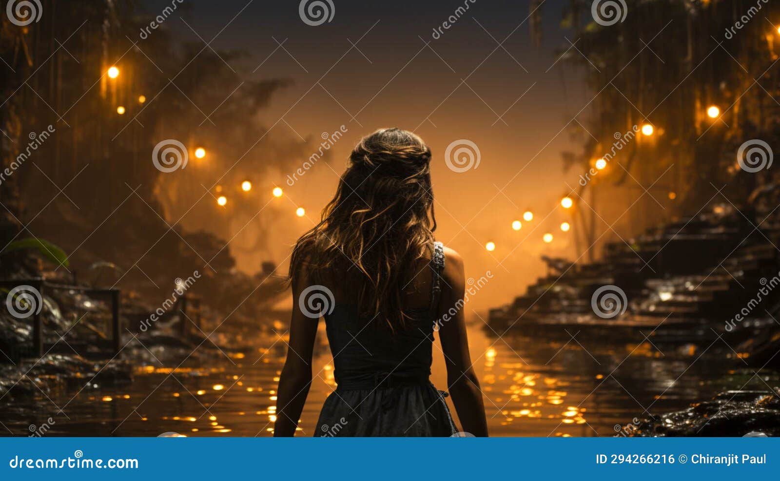 A Girl Going on a Path in the Water at Dark Night Stock Photo - Image ...