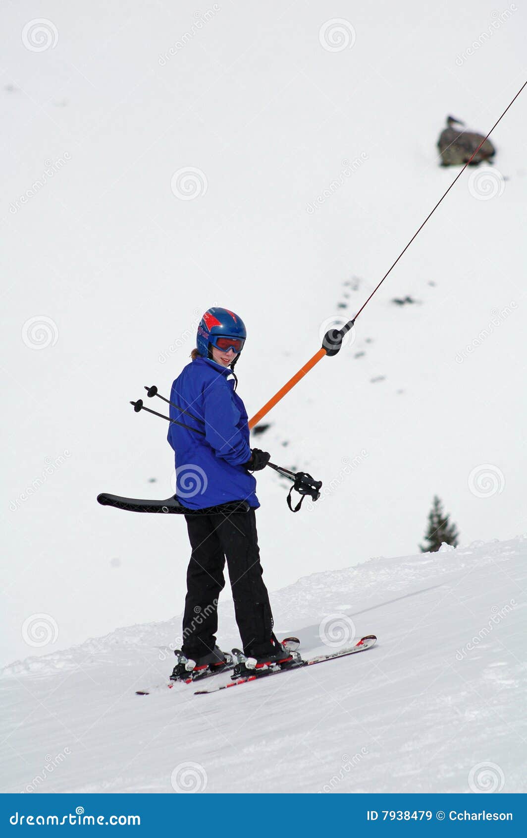 Girl Going Up T-bar while Skiing Stock Image - Image of lift, mountain ...