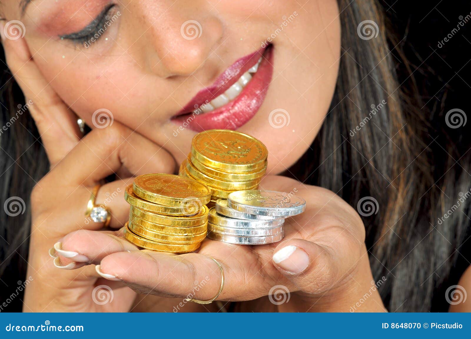 Girl with Golden and Silver Coins Stock Photo - Image of girl, luxury ...