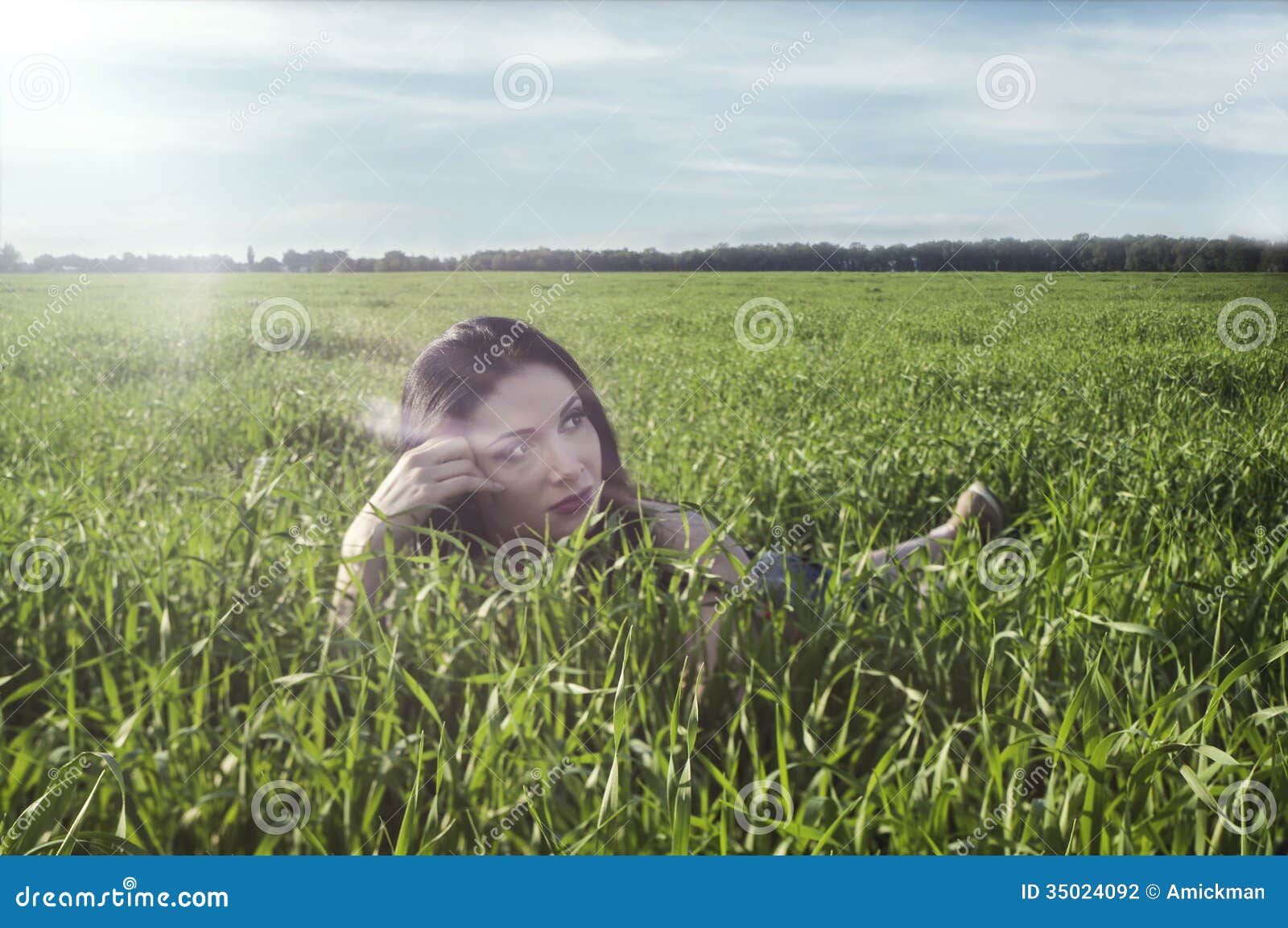 Girl on green field stock photo. Image of adult, girl - 35024092