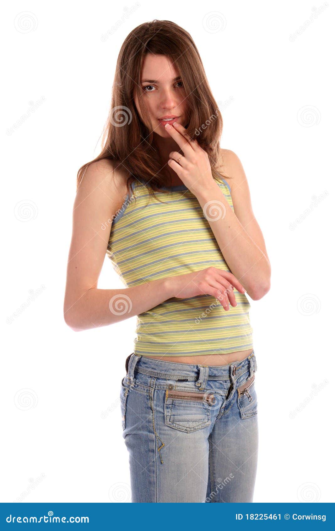 Girl In Green Stripy Top Touch Lips Stock Image Image Of Young Blue