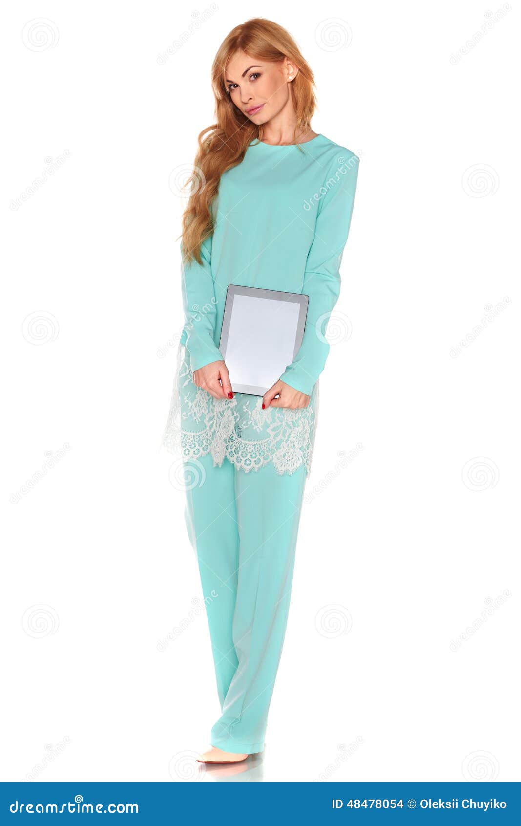 Girl in Green Suit with Tablet Computer Stock Photo - Image of global ...