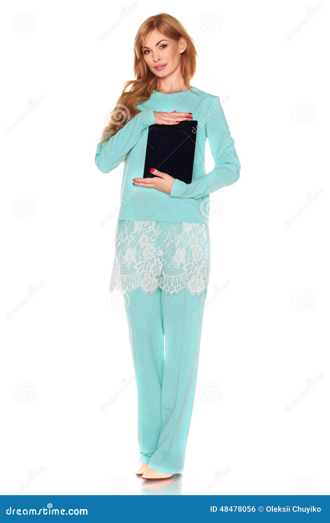 Girl in Green Suit with Tablet Computer Stock Photo - Image of ...