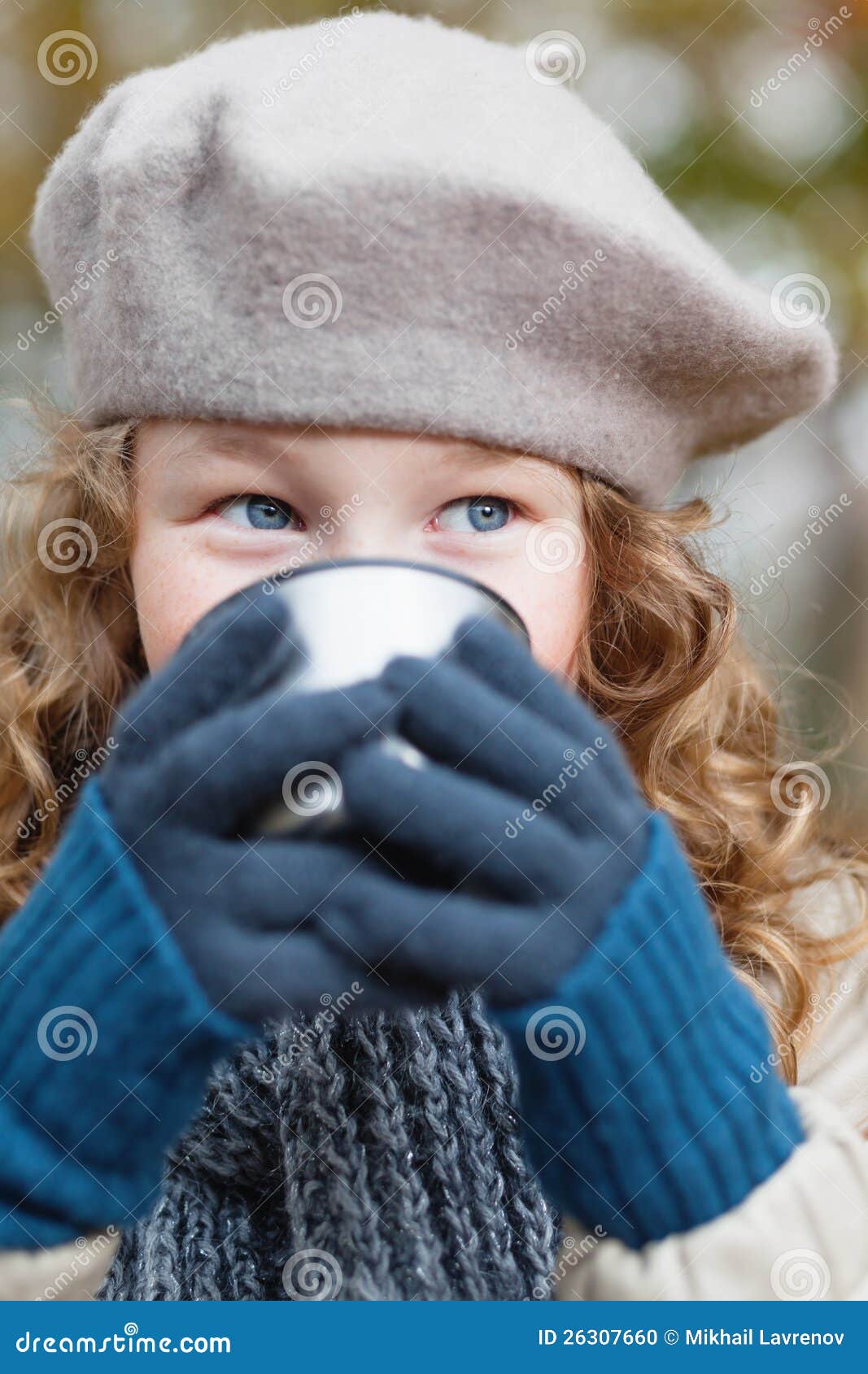 Girl in Grey Beret Drinking from Flask Cup Stock Photo - Image of ...