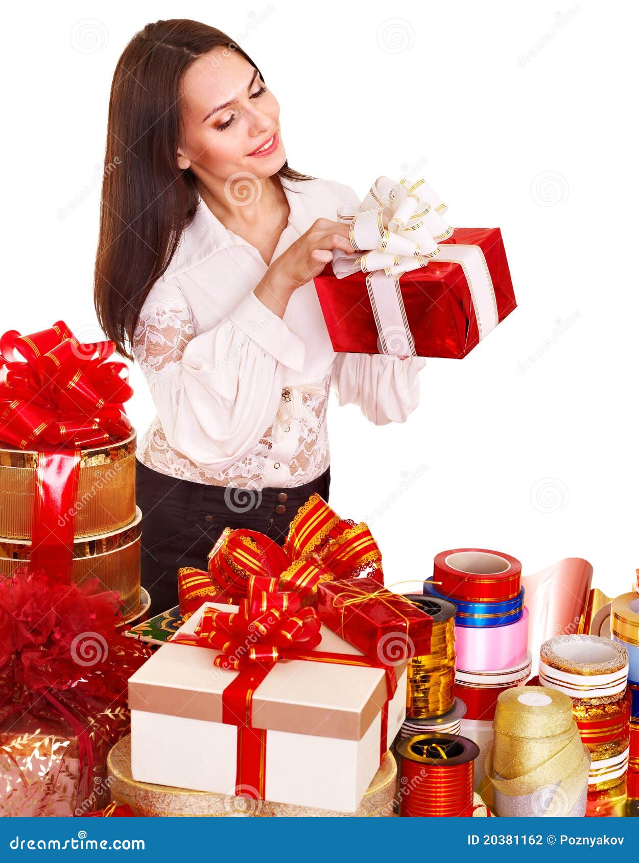 Girl with Group of Color Gift Box. Stock Photo - Image of gold, service ...