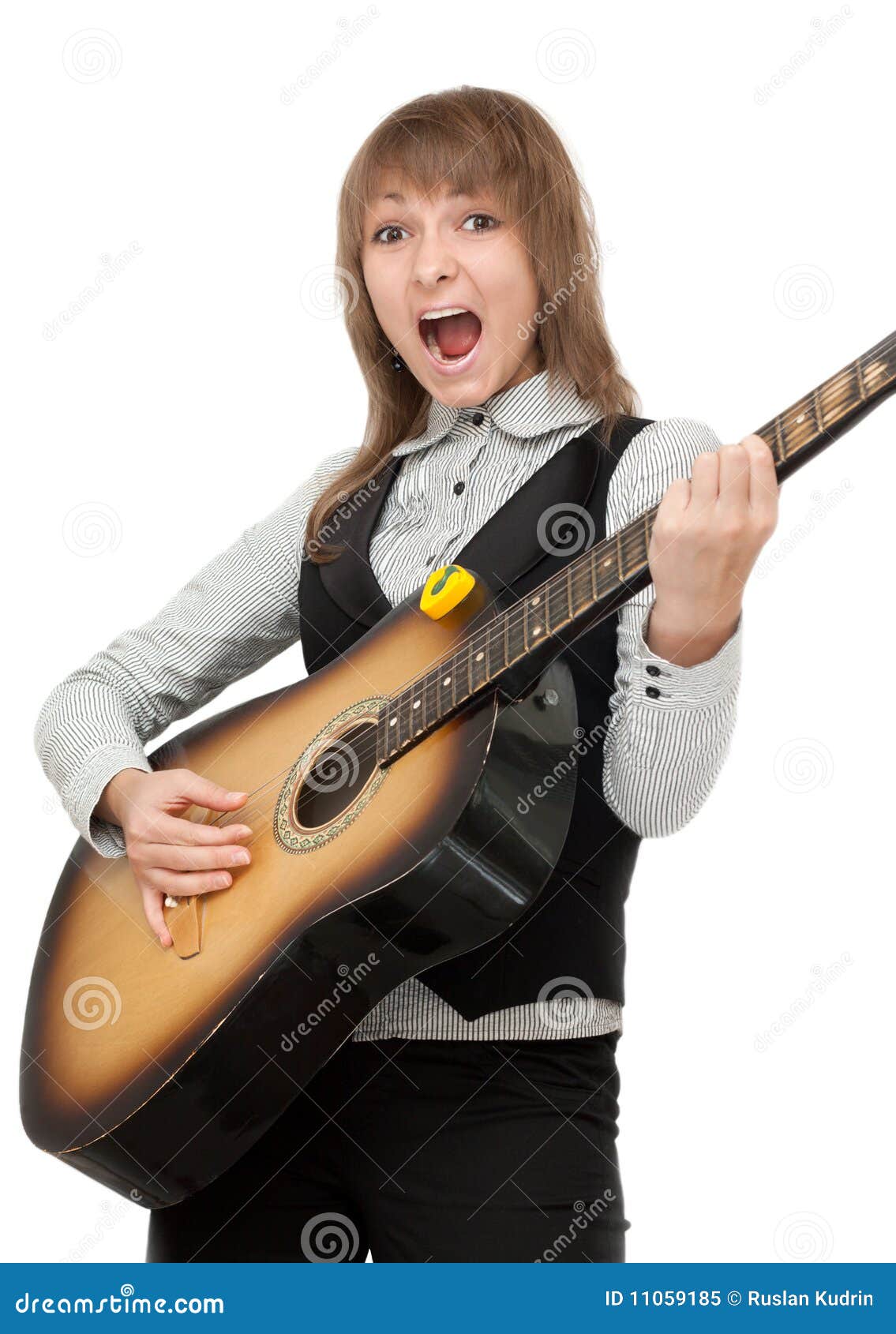 Girl with Guitar in Hand Expressive Sings Stock Image - Image of ...