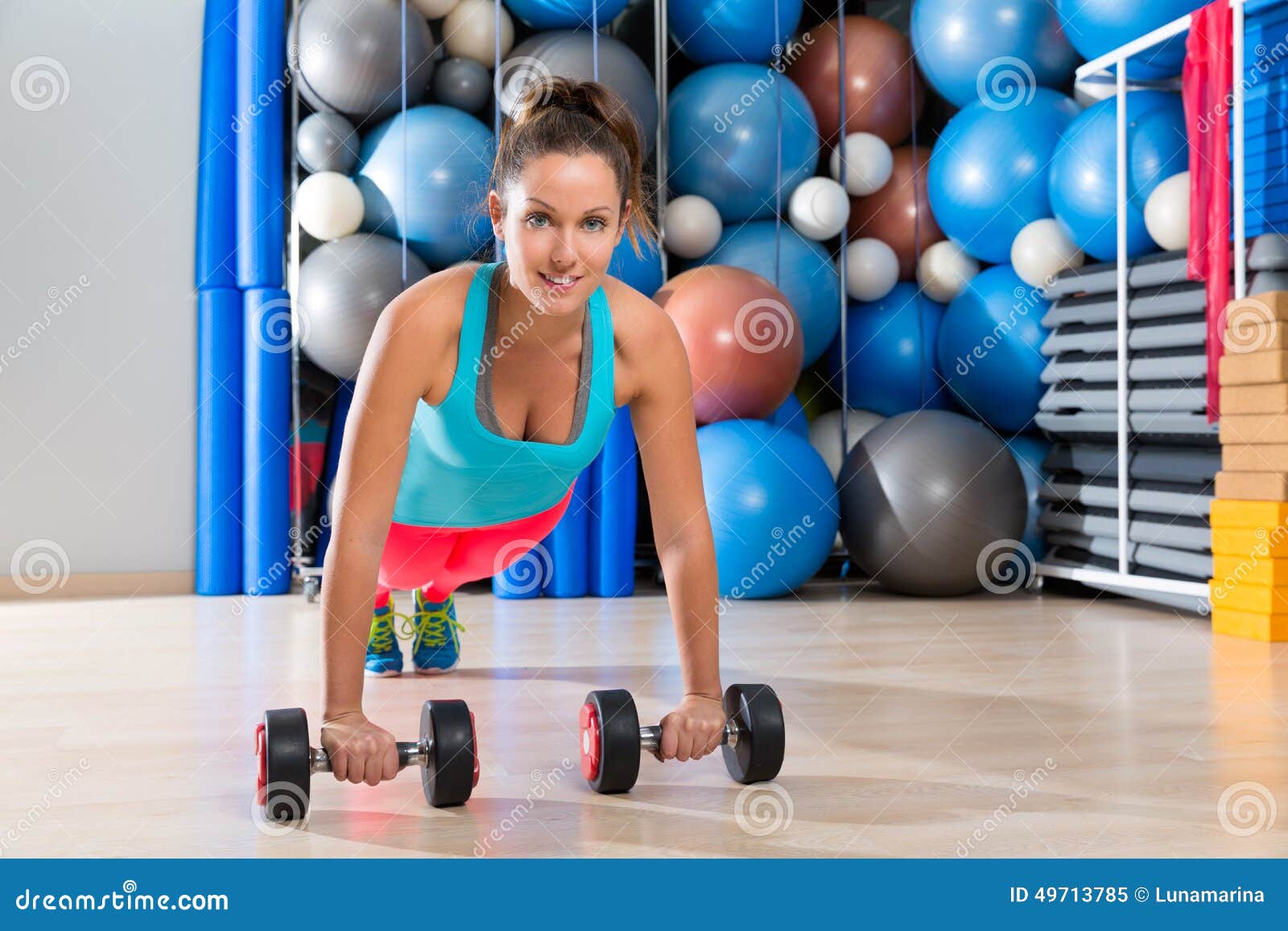 Girl at Gym Push-up Pushup Exercise Dumbbells Stock Image - Image of ...