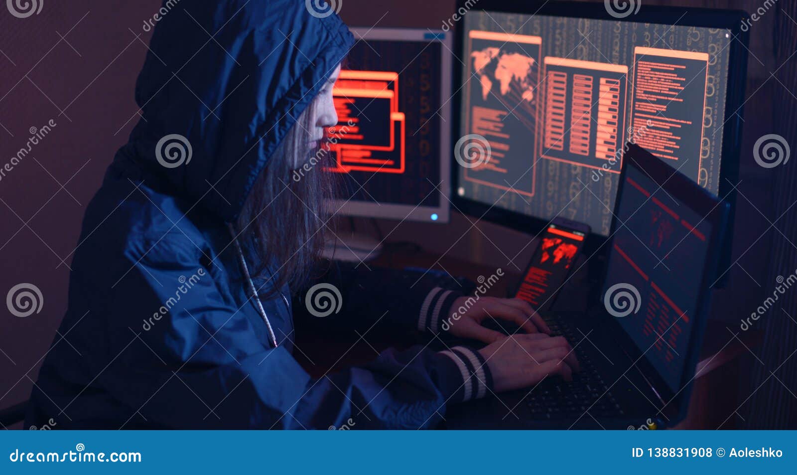 Girl Hacker In A Hood Typing Program Code While Committing A Cybercrime Hacking A Firewall On