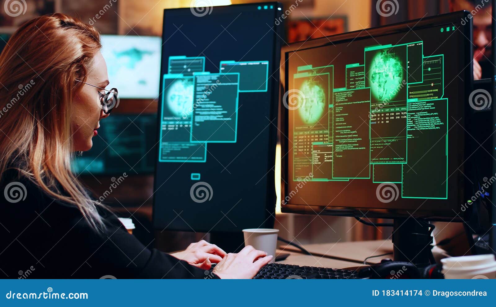 Girl Hacker In The Digital World. Young Woman In Matrix Style Suit ...