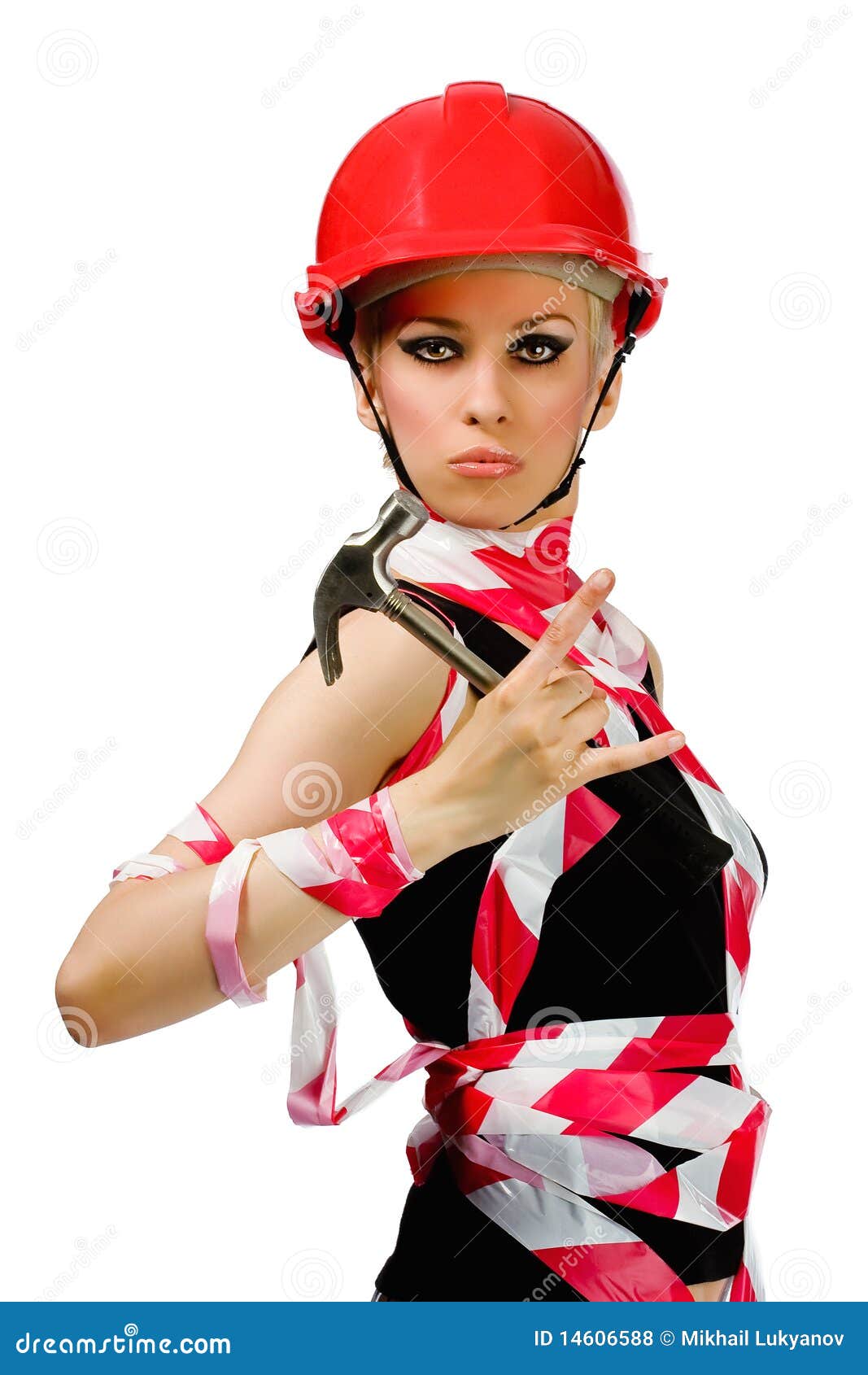 A Girl with a Hammer and a Construction Helmet Stock Photo - Image of ...