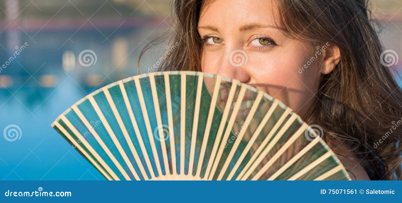 Girl with a Hand Fan by the Pool Stock Image - Image of fresh ...