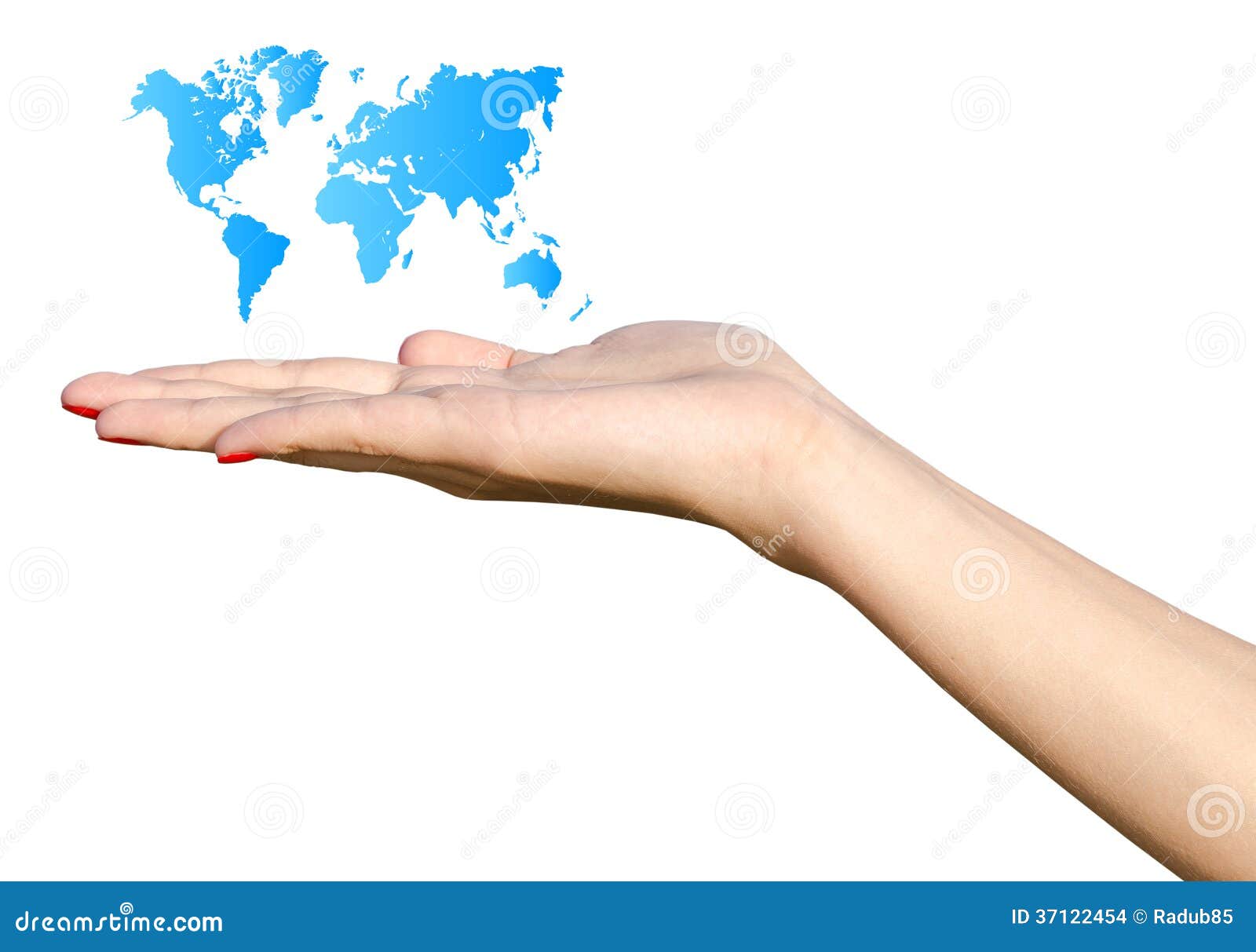 Girl Hand Holding Blue World Map Stock Photo - Image of human, globe ...