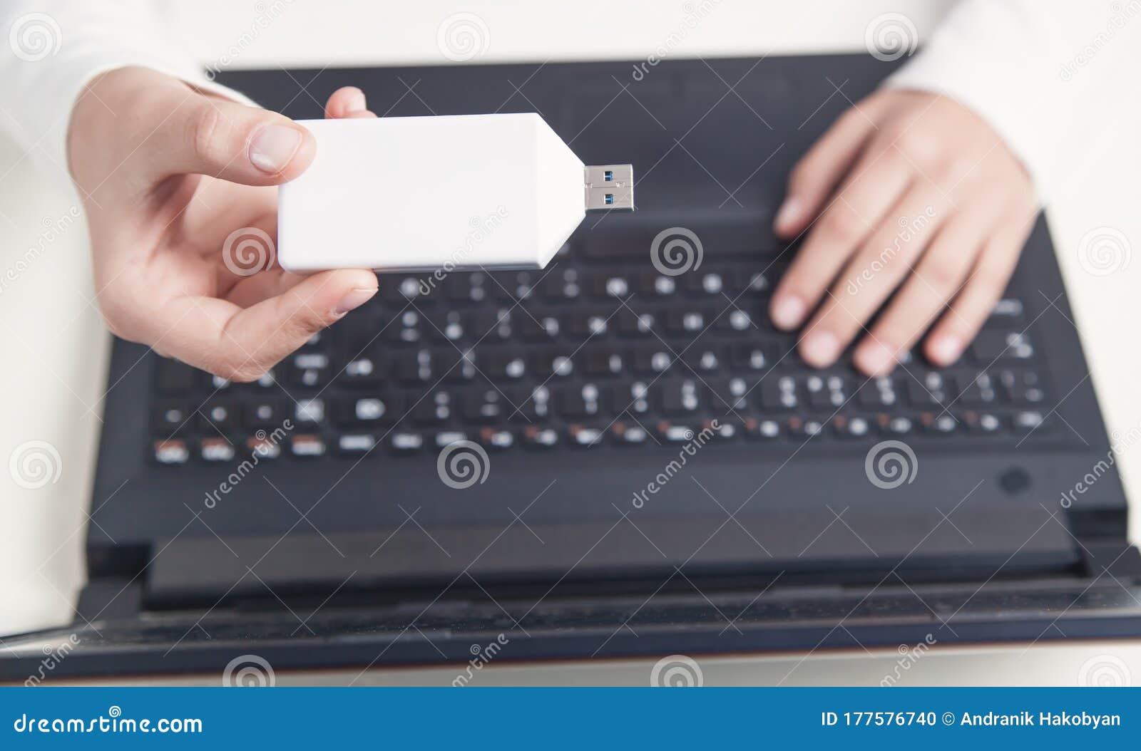 Girl Hand Holding Usb Flash Drive Using Laptop Stock Photo - Image of ...