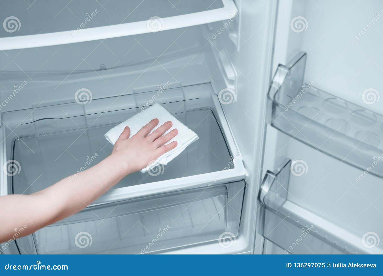 Girl Hand with a White Rag Washes the Refrigerator Stock Image - Image ...