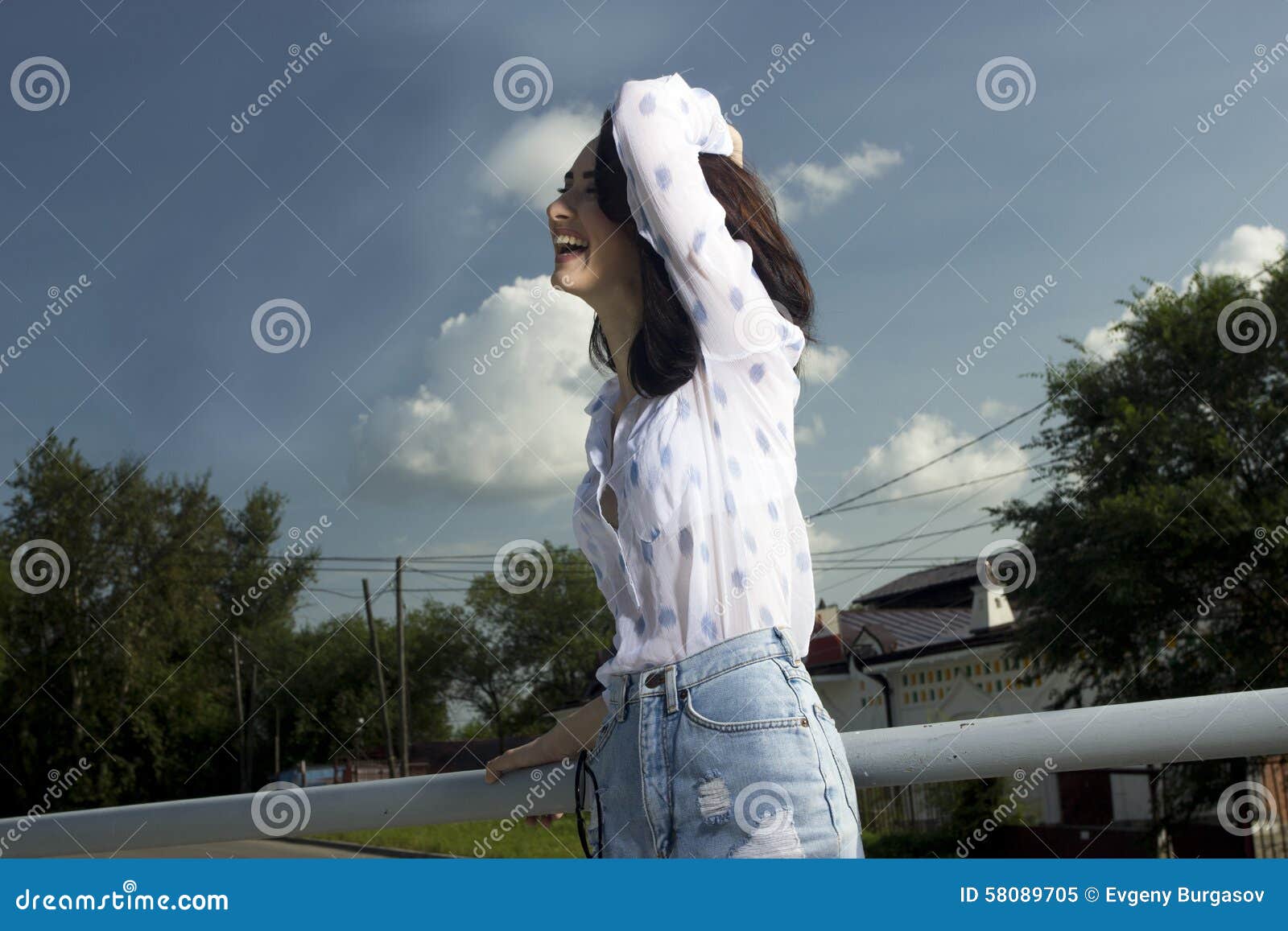 The girl at the handrail stock image. Image of field - 58089705