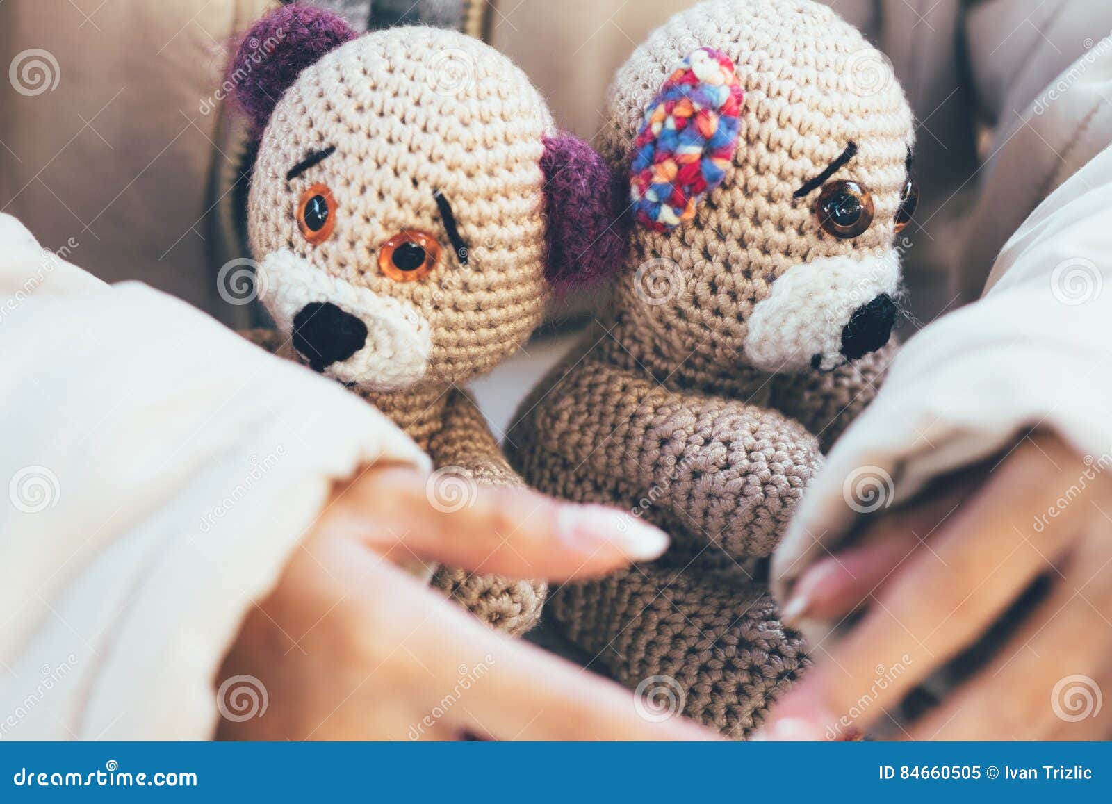 Girl Hands Gently Hugging Two Teddy Bears Stock Image - Image of ...