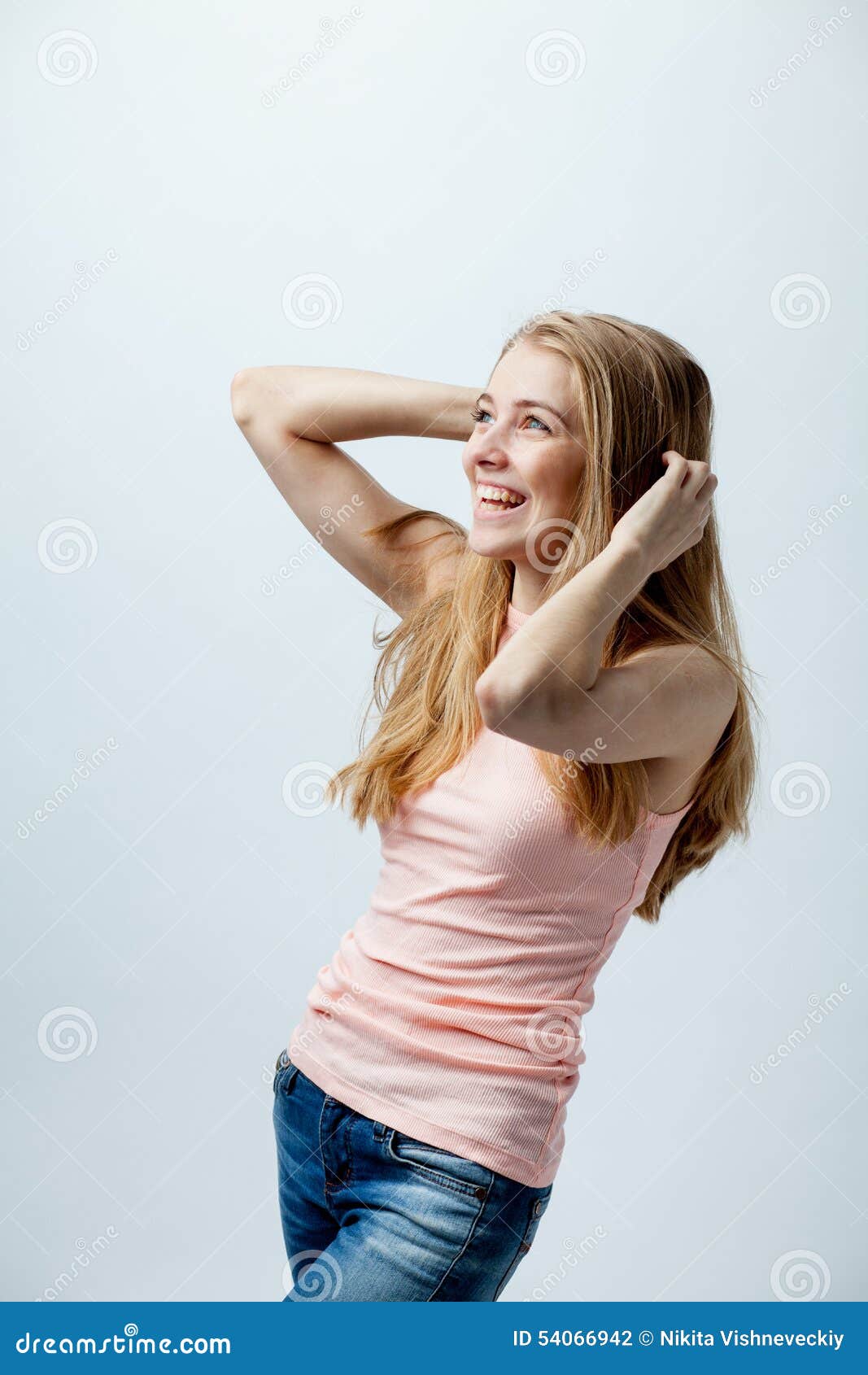 Girl with hands over head stock photo. Image of laugh - 54066942