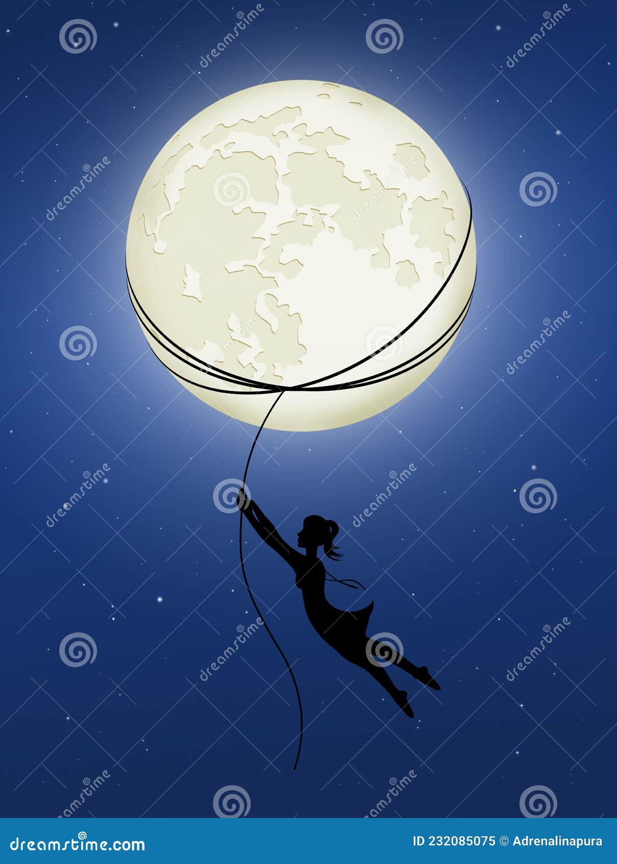 Girl Hanging on the Moon with Rope Stock Illustration - Illustration of ...