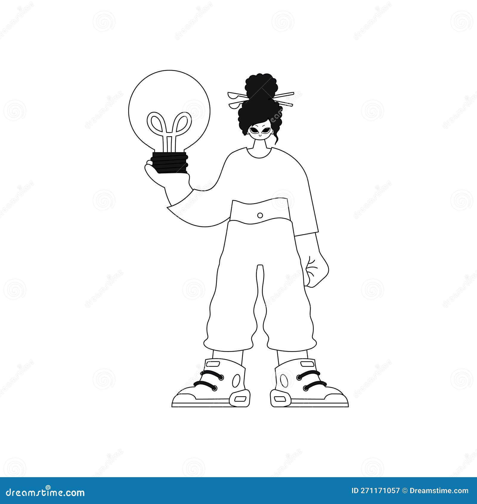 Girl Has Light Bulb. Symbolizes Ideas. Simple Linear Design. Vector ...