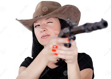 Girl in a Hat with a Gun Aiming Stock Image - Image of american, black ...