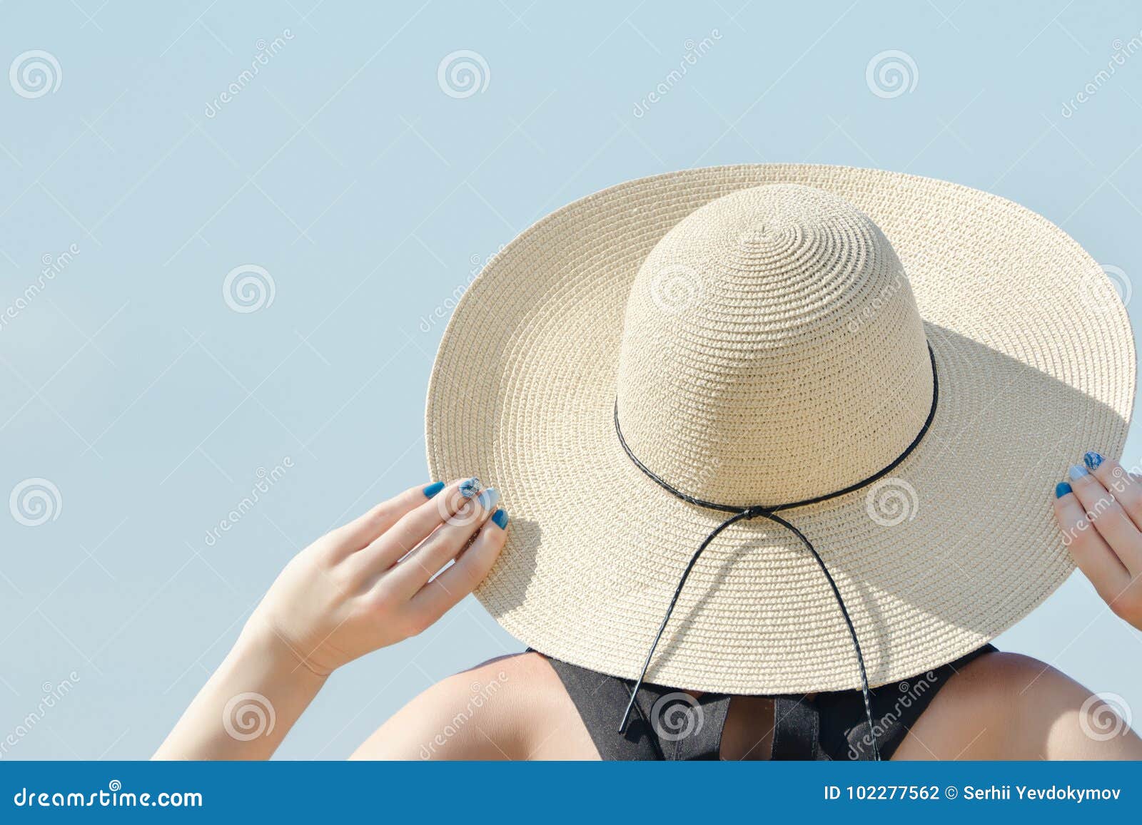Girl in a Hat Looks at the Sky. Close Up Stock Photo - Image of ...