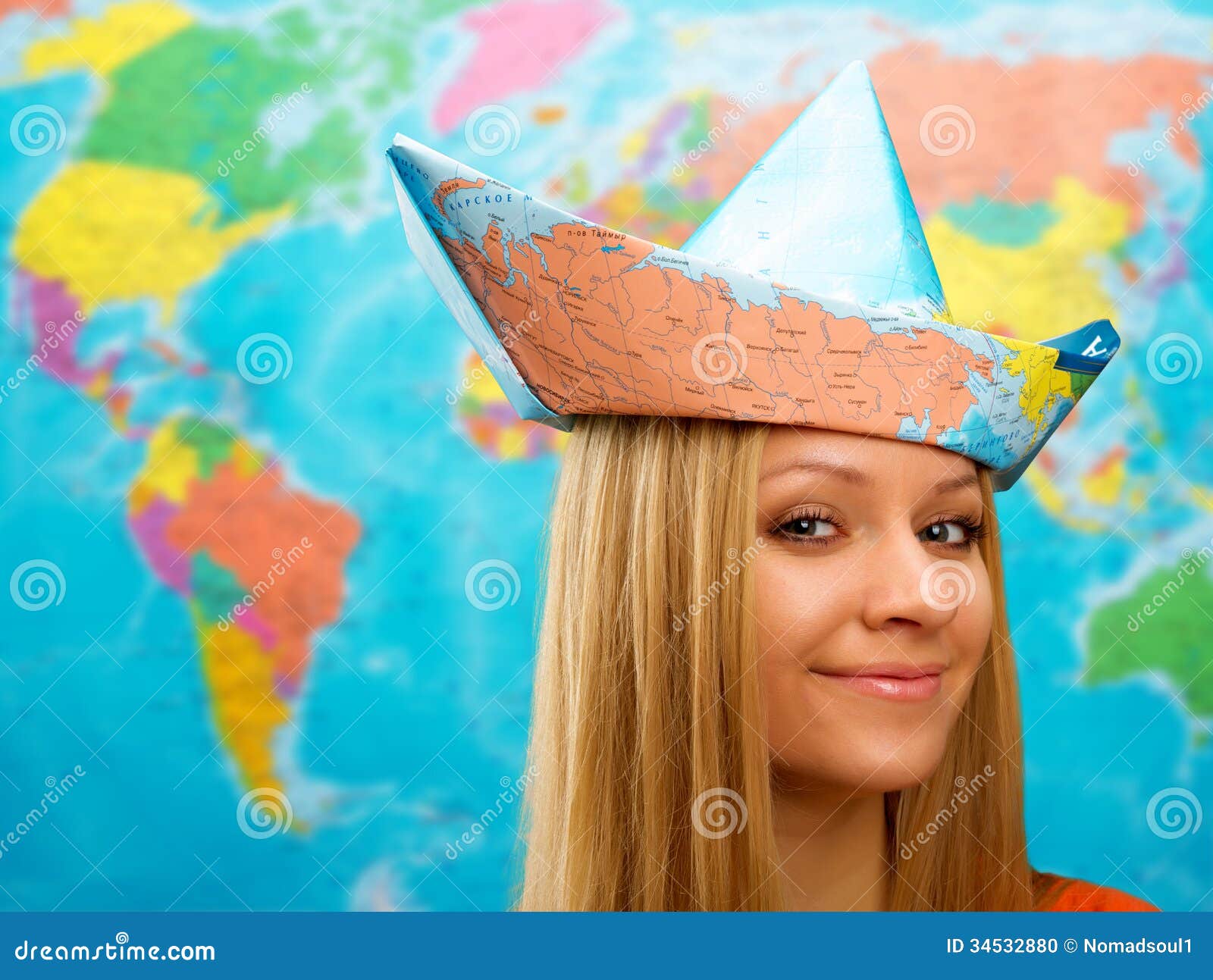 Girl in a hat from map stock photo. Image of head, exploration - 34532880
