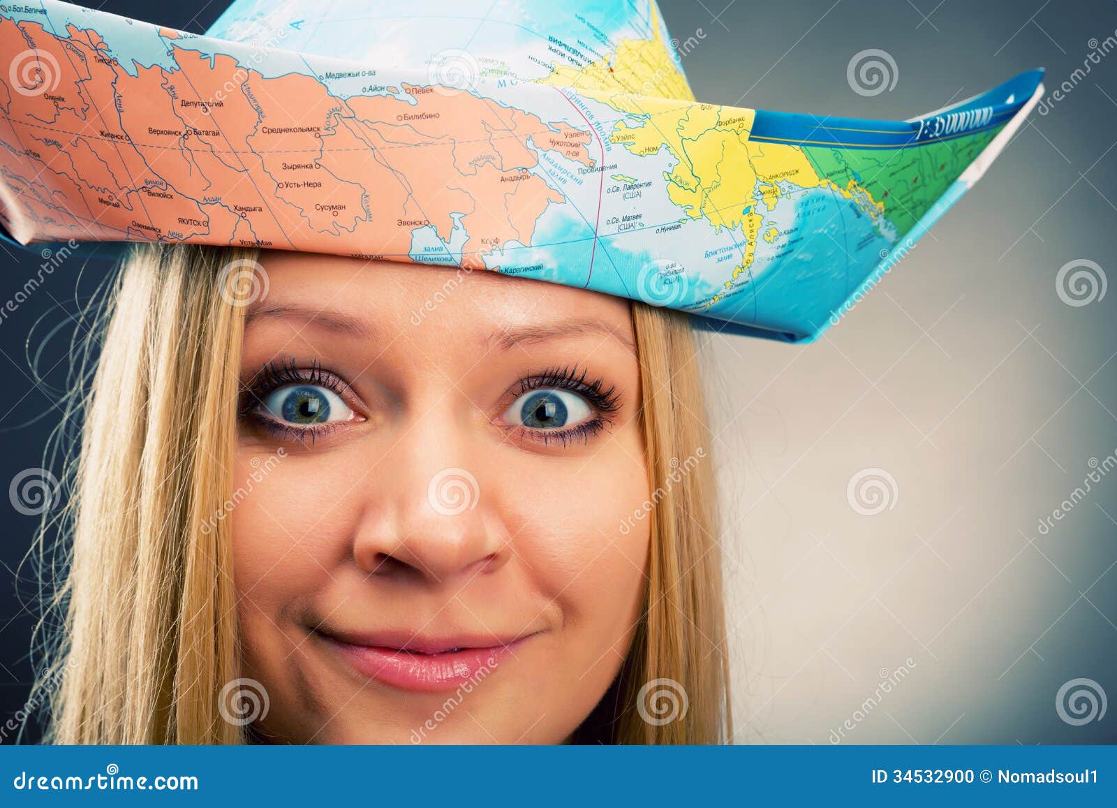 Girl in a hat from map stock photo. Image of destinations - 34532900