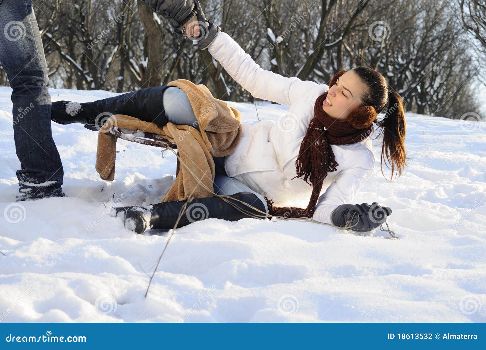 Girl Having Accident with Sledge Stock Photo - Image of trees, white ...