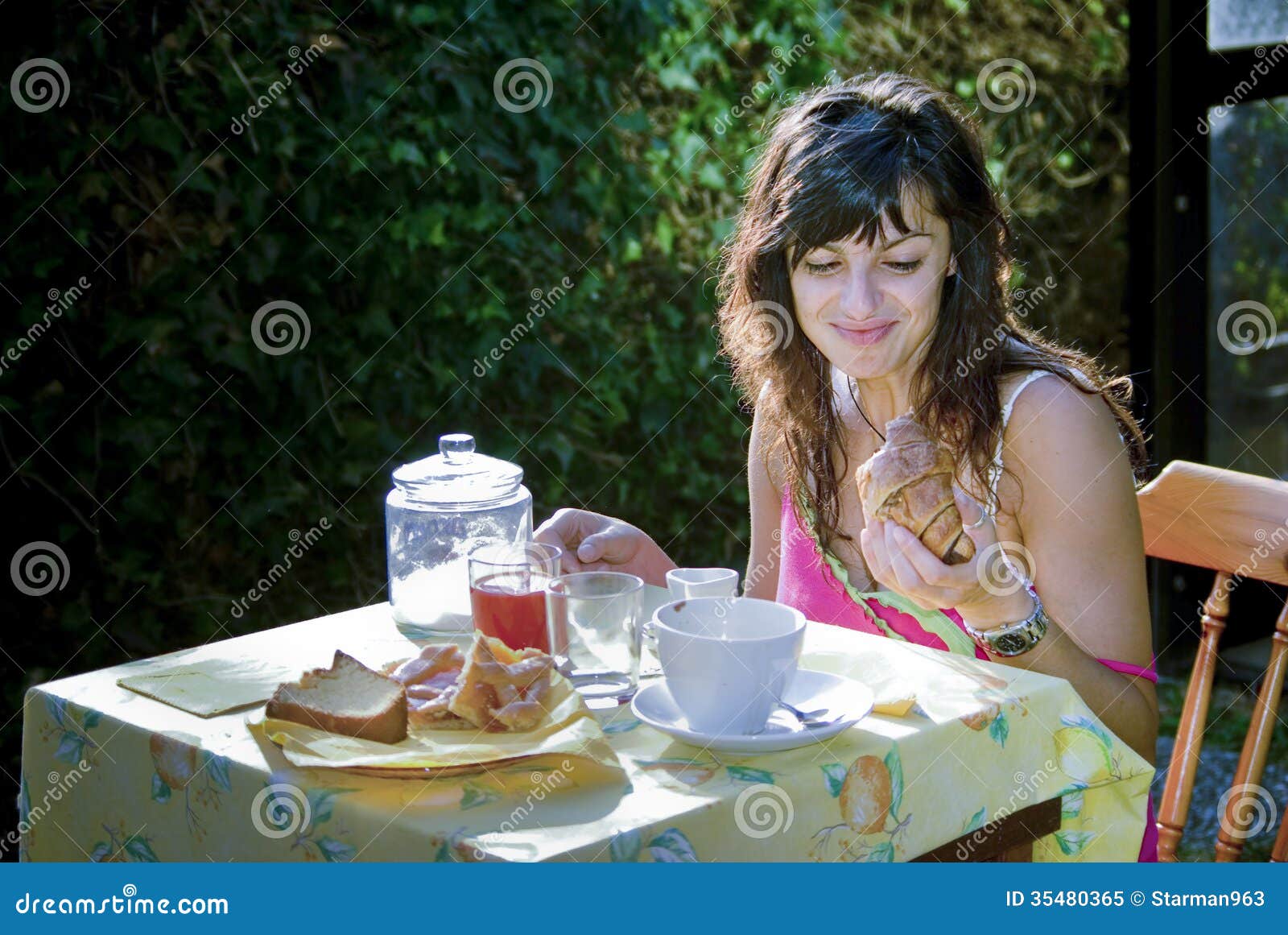 Girl Having Breakfast in the Garden Stock Image - Image of breakfast ...