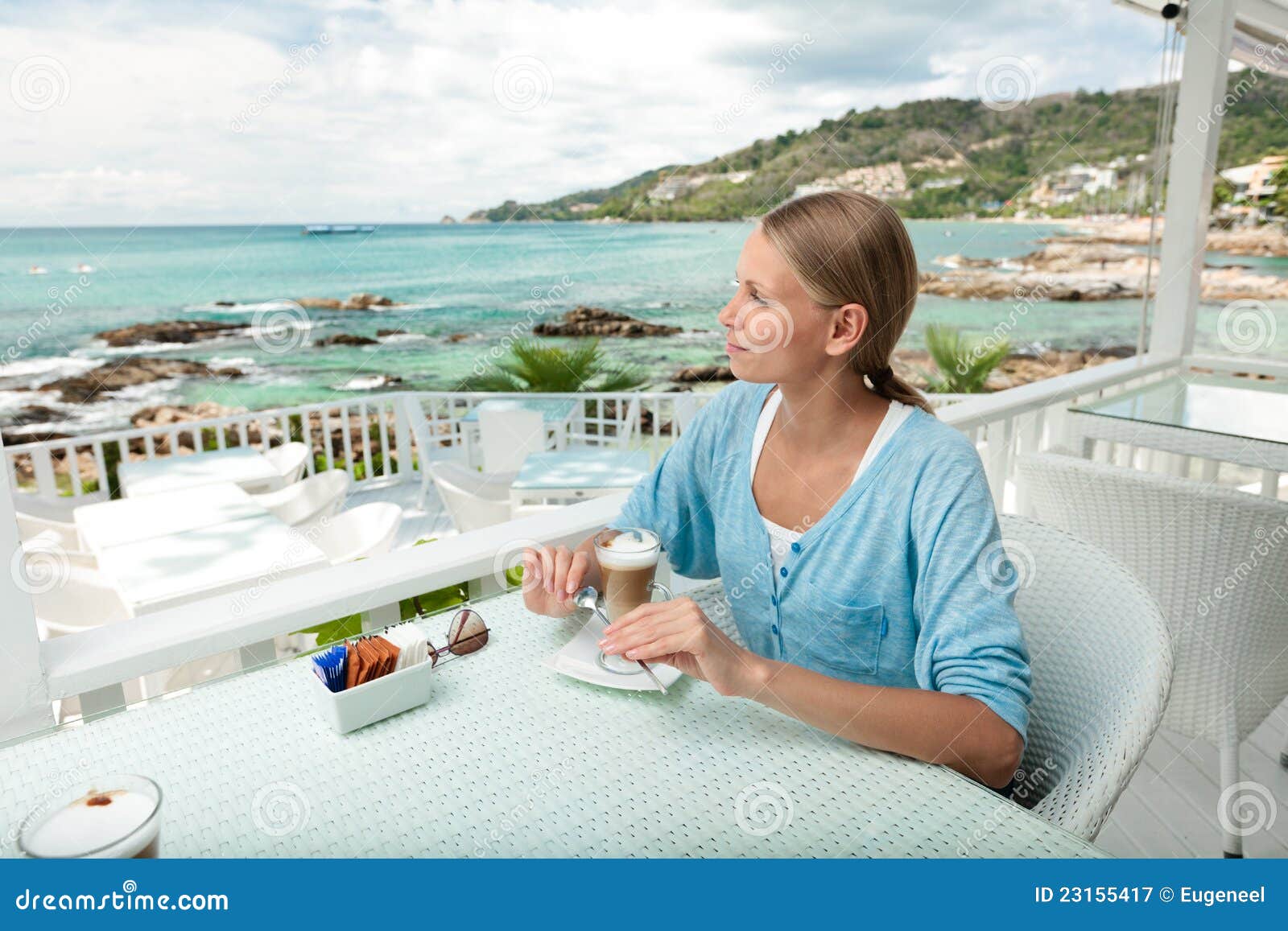Girl Having Coffee Break in an Ocean View Cafe Stock Image - Image of ...
