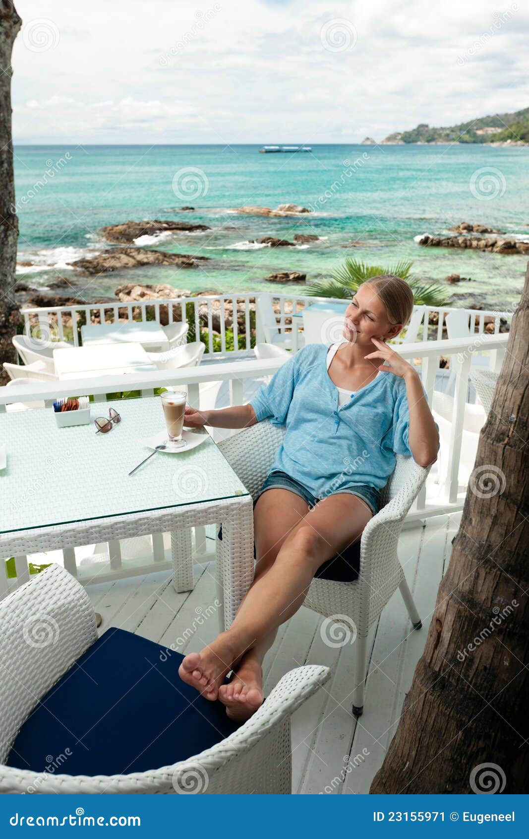 Girl Having Coffee Break in an Ocean View Cafe Stock Image - Image of ...