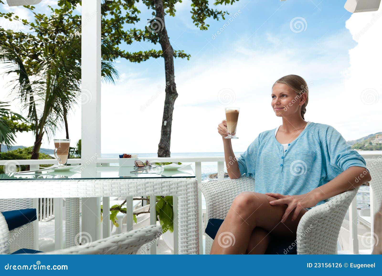 Girl Having Coffee Break in an Ocean View Cafe Stock Photo - Image of ...