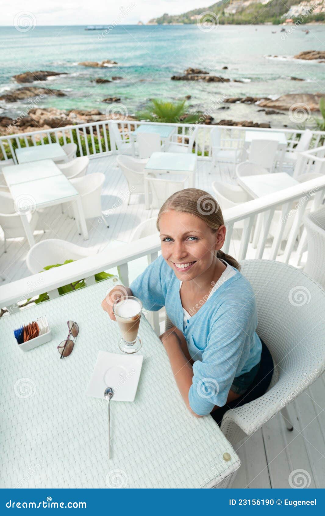 Girl Having Coffee Break in an Ocean View Cafe Stock Photo - Image of ...