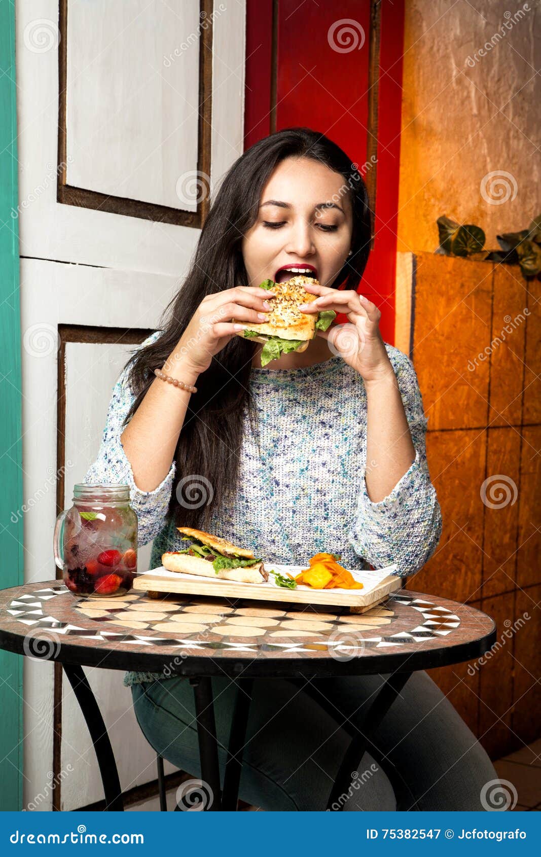 Girl having lunch stock image. Image of salad, holidays - 75382547