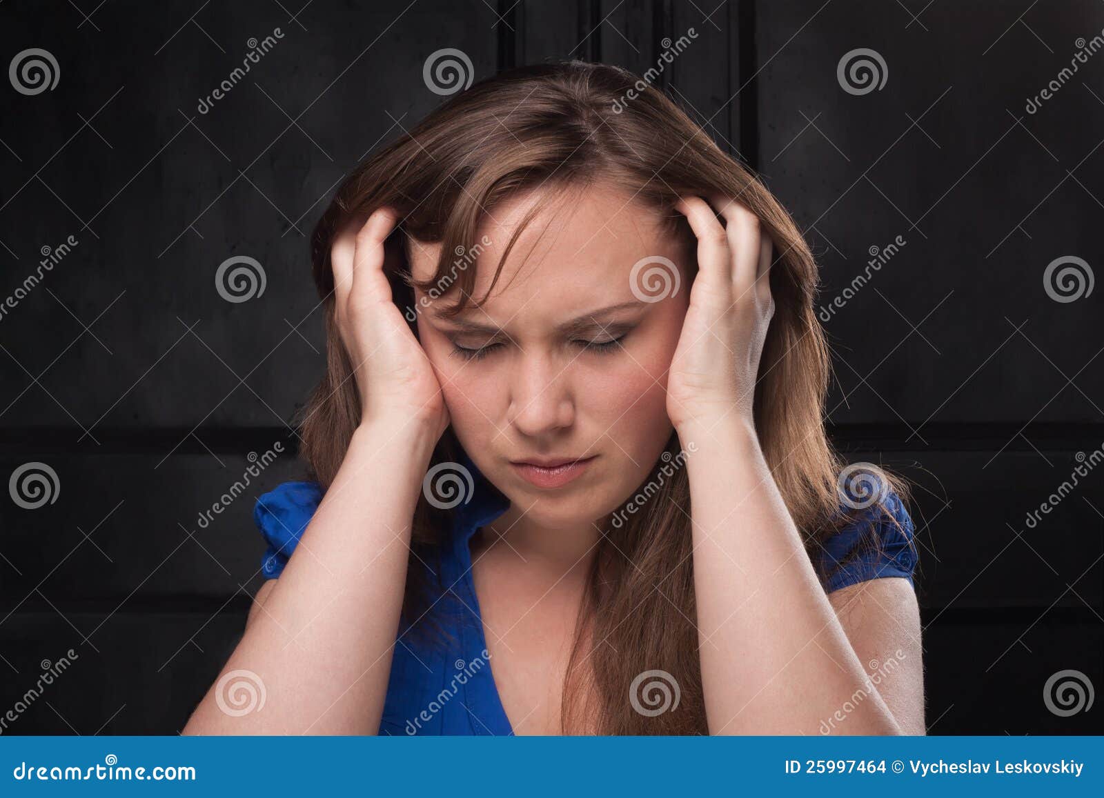 Girl with Headache on Dark Background Stock Photo - Image of distraught ...