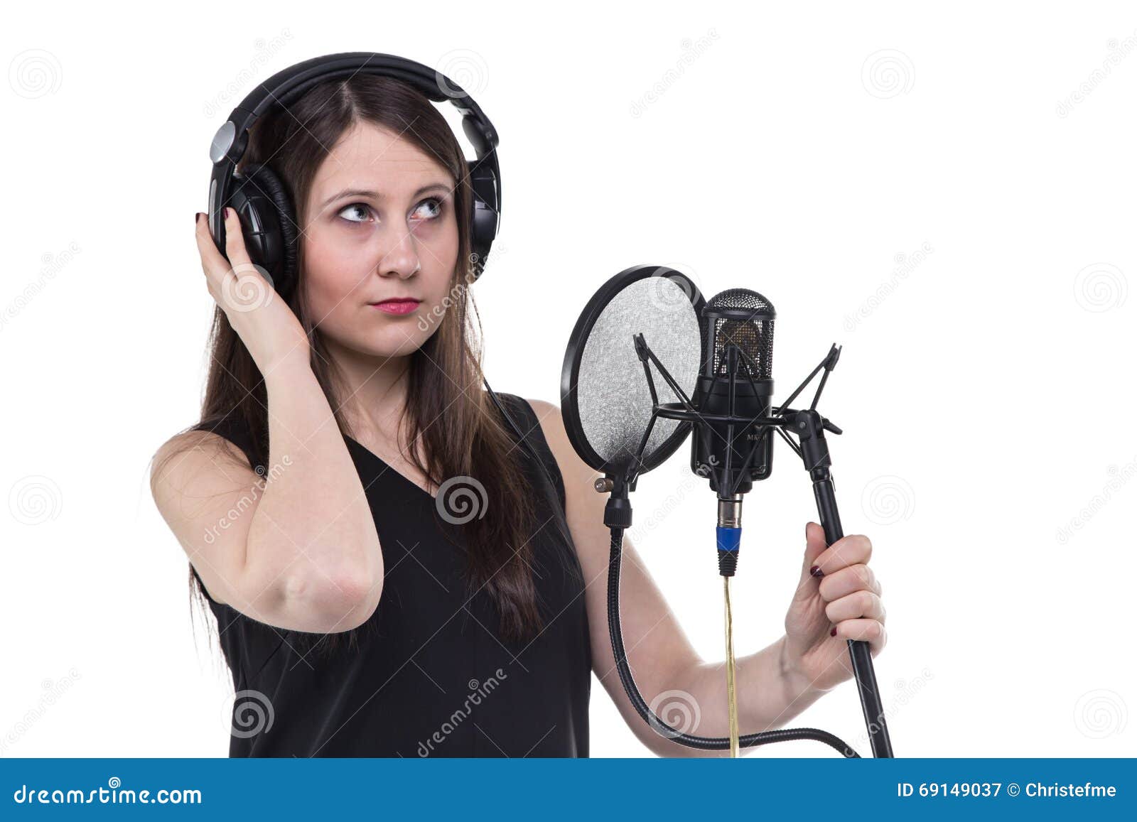 Girl in Headphones with Microphone Stock Image - Image of recording ...