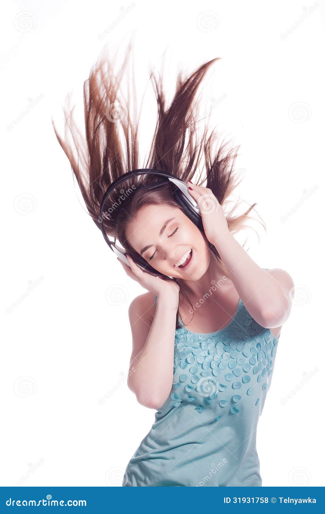 Girl with Headphones Singing on White Background Stock Photo - Image of ...
