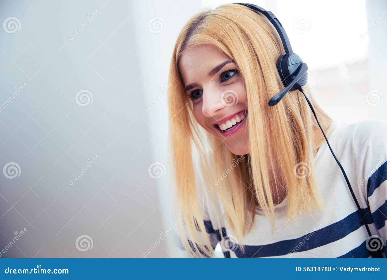 Girl in Headset Using Desktop Computer Stock Photo - Image of computer ...