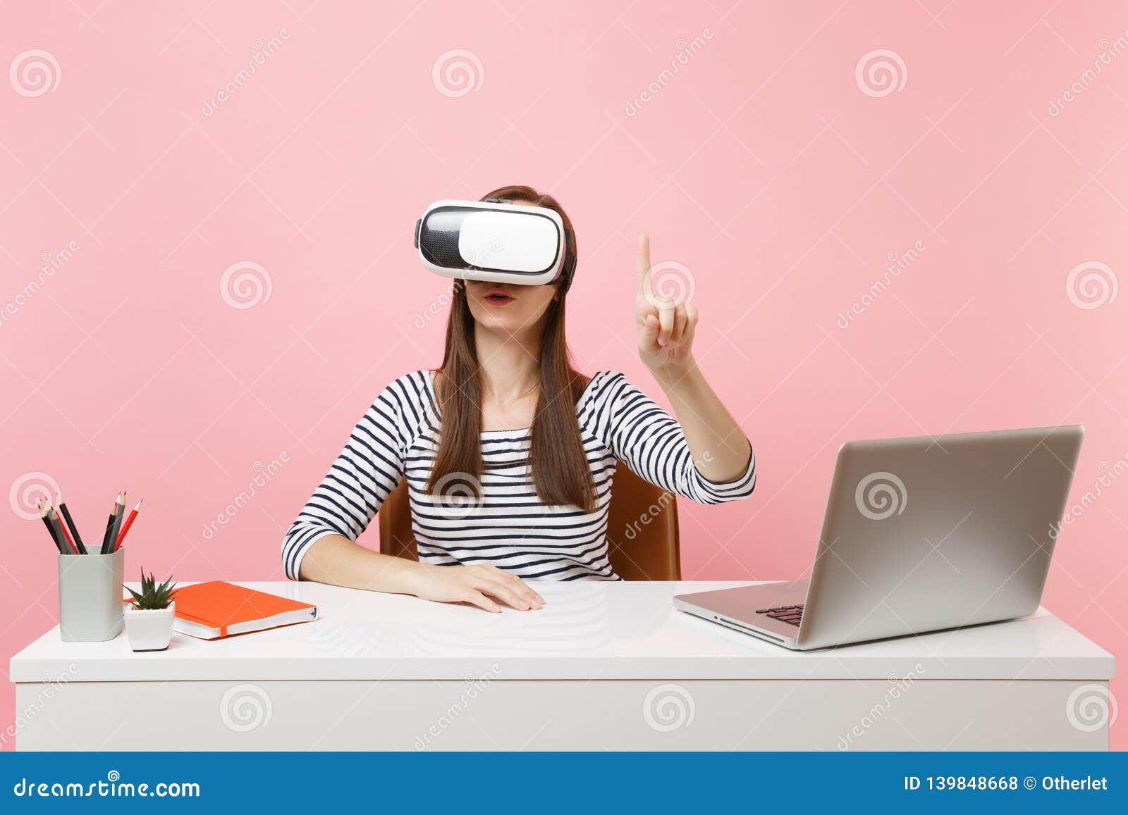 Girl in Headset of Virtual Reality on Head Touch Something Like Push on ...