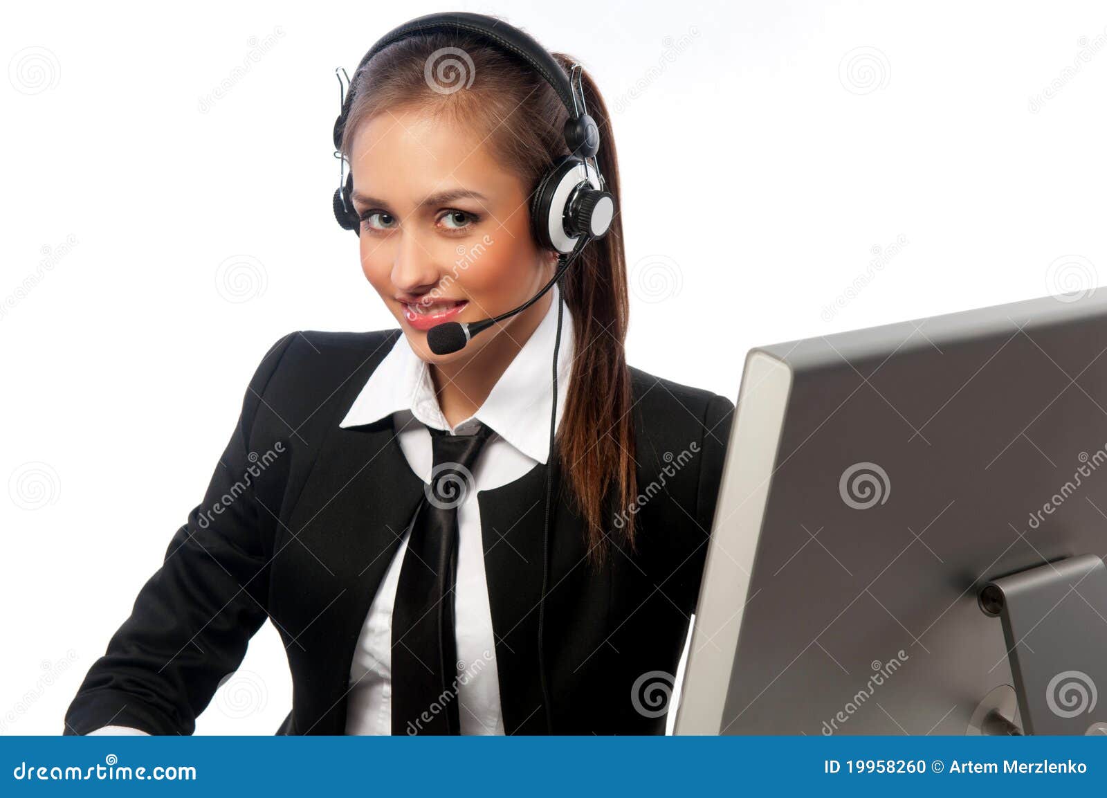 Girl with a Headset Works at the Computer Stock Photo - Image of ...