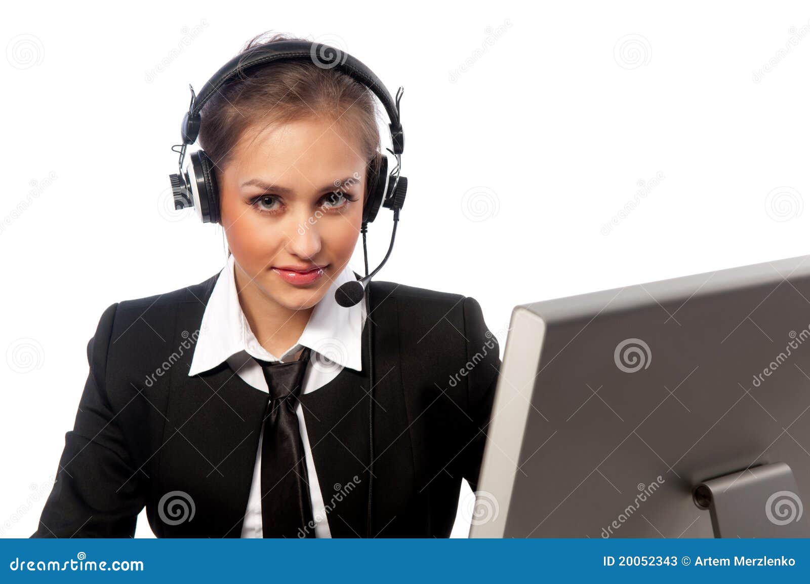 Girl with a Headset Works at the Computer Stock Image - Image of happy ...