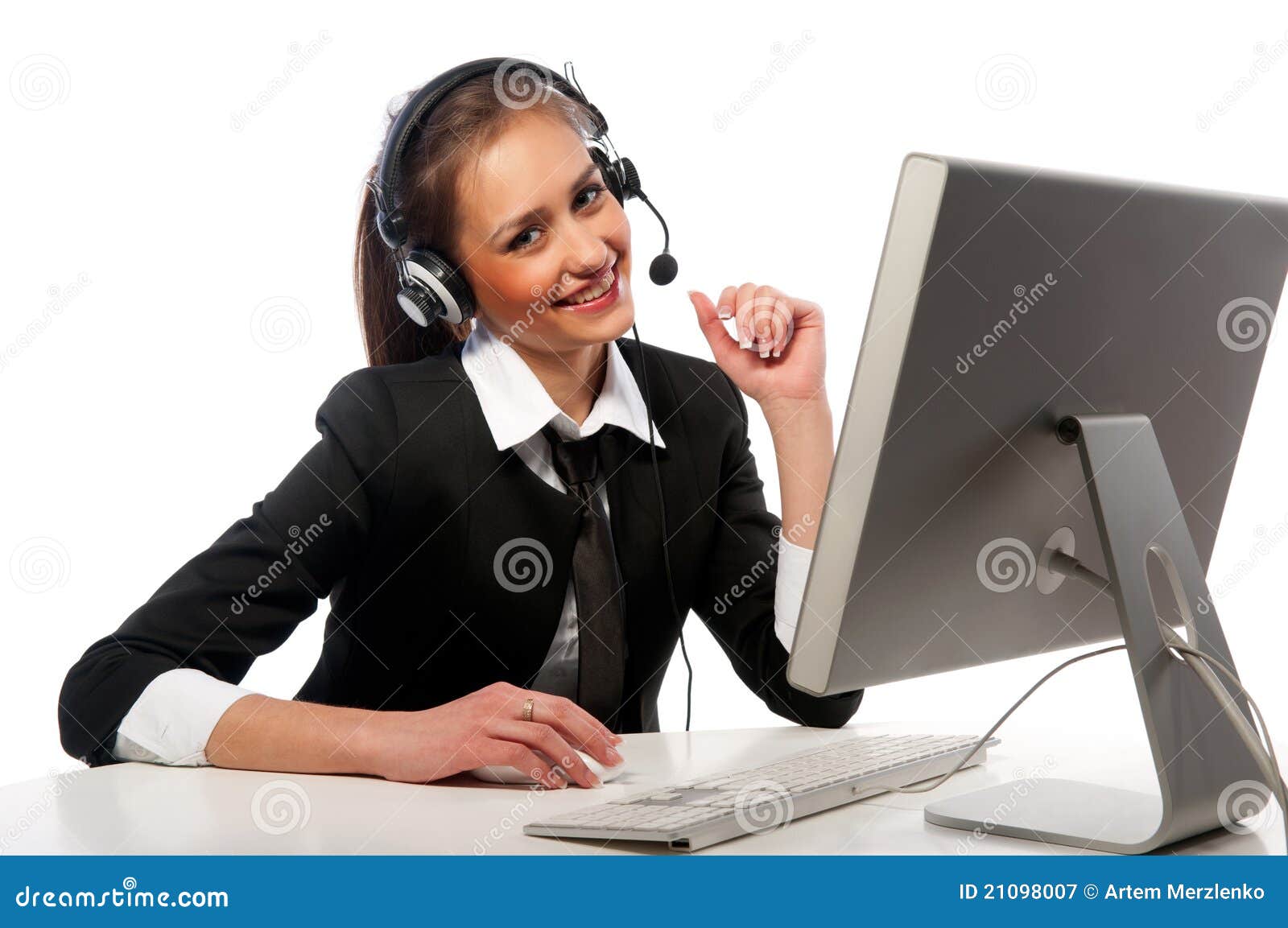 Girl with a Headset Works at the Computer Stock Image - Image of ...