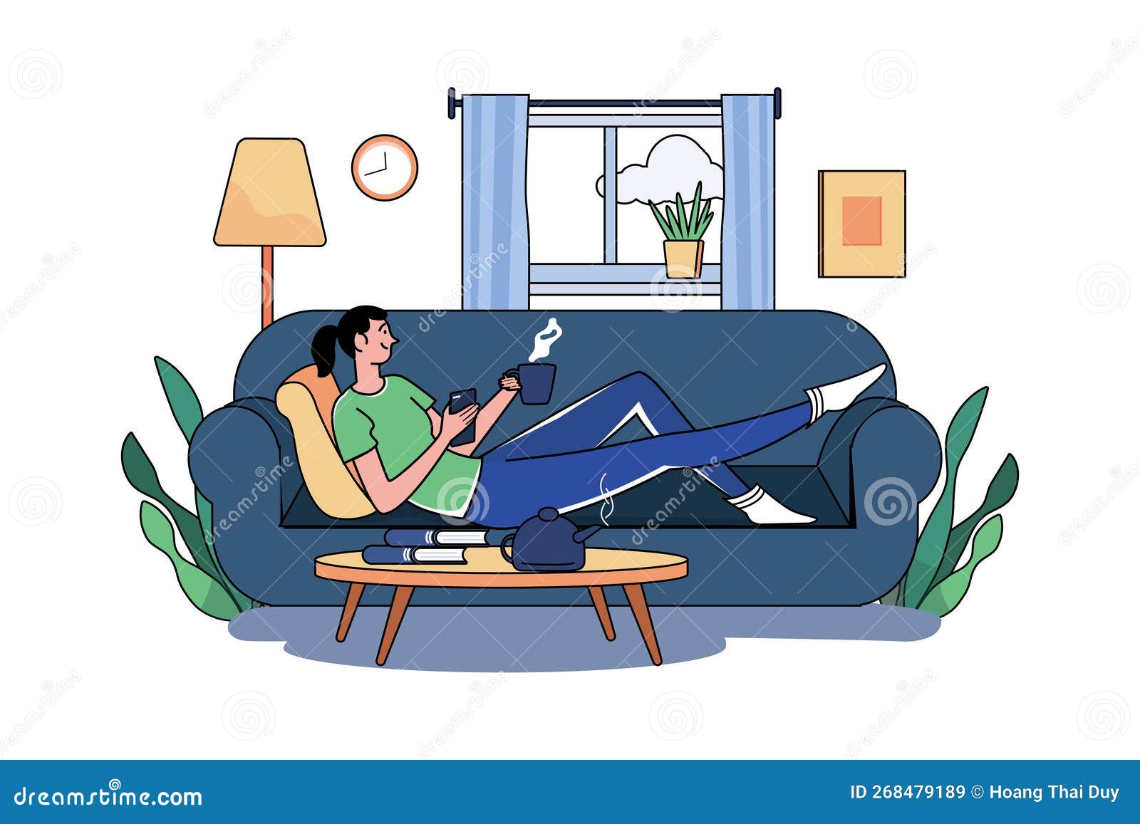 Girl Heaving Coffee and Relaxing on the Sofa Stock Vector ...