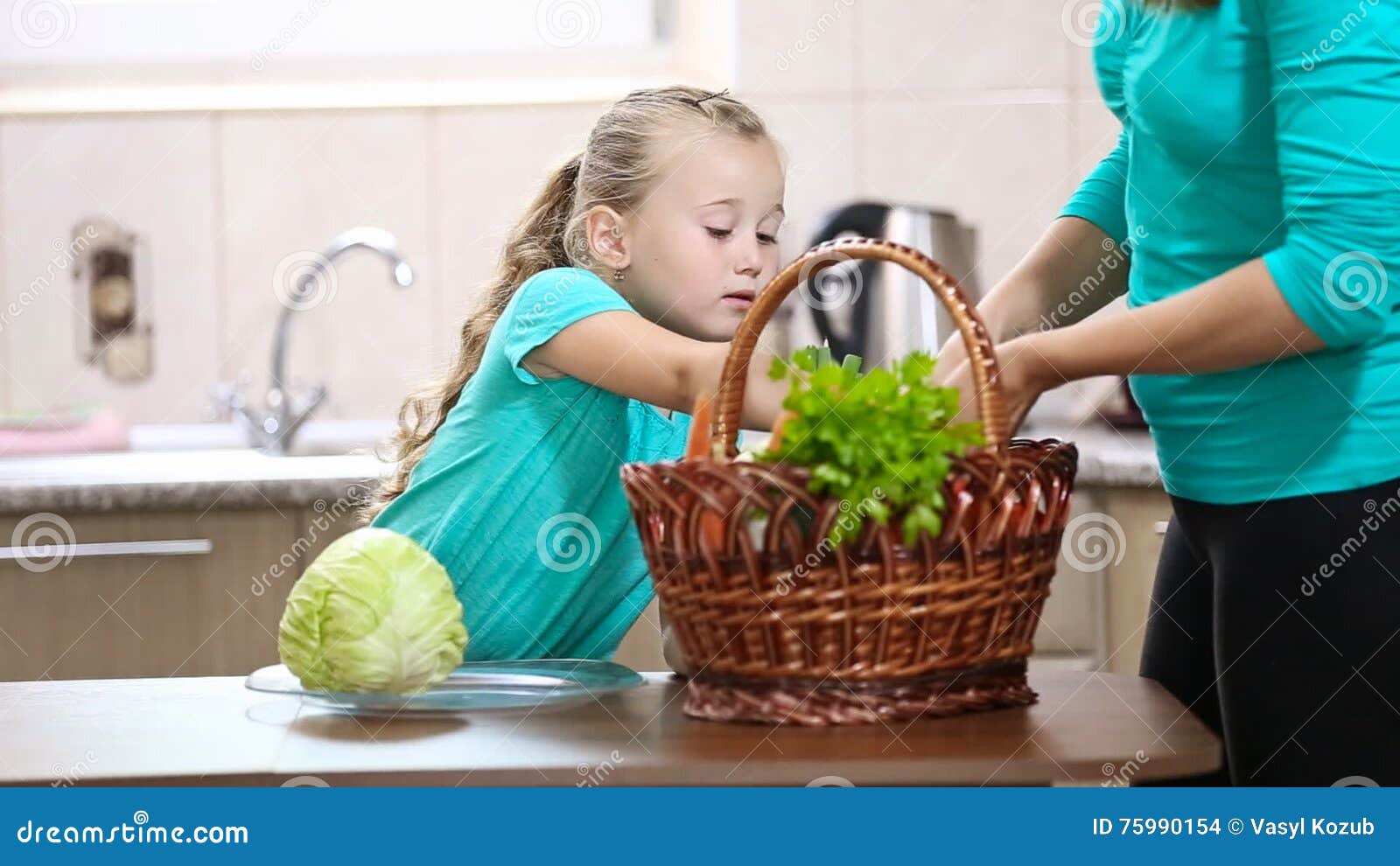Girl Helps Her Mother Pulling Vegetables from the Basket Stock Footage ...