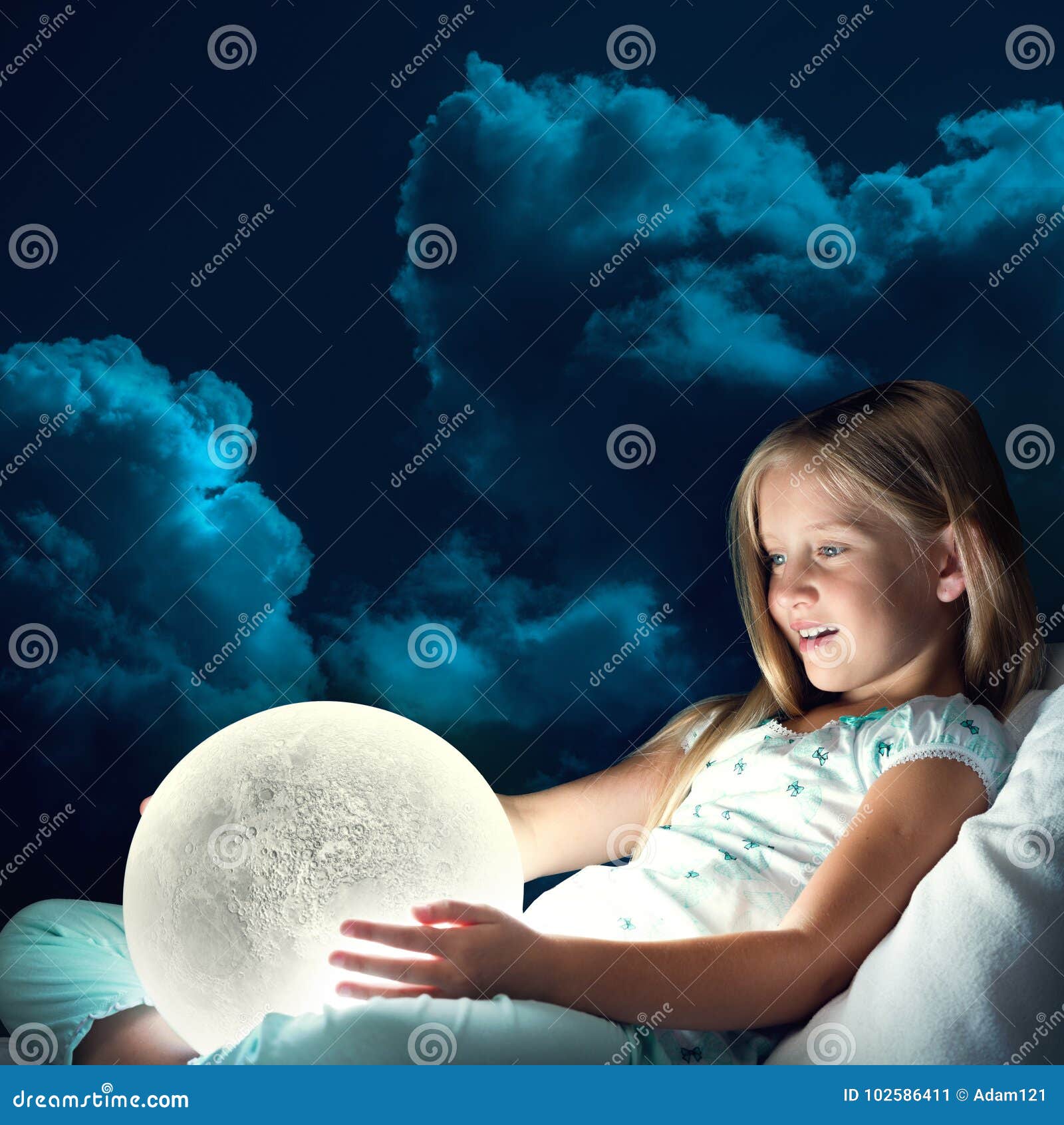 Girl in Her Bed and Moon Planet Stock Image - Image of full, night ...