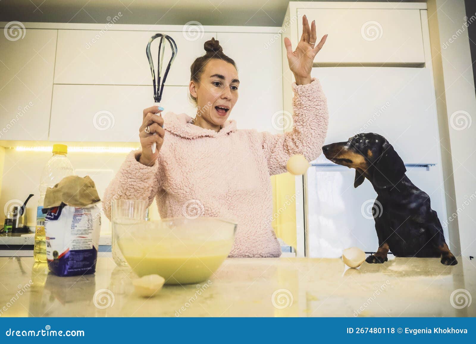 Girl and Her Pet Cooking in the Kitchen Stock Photo - Image of lunch ...
