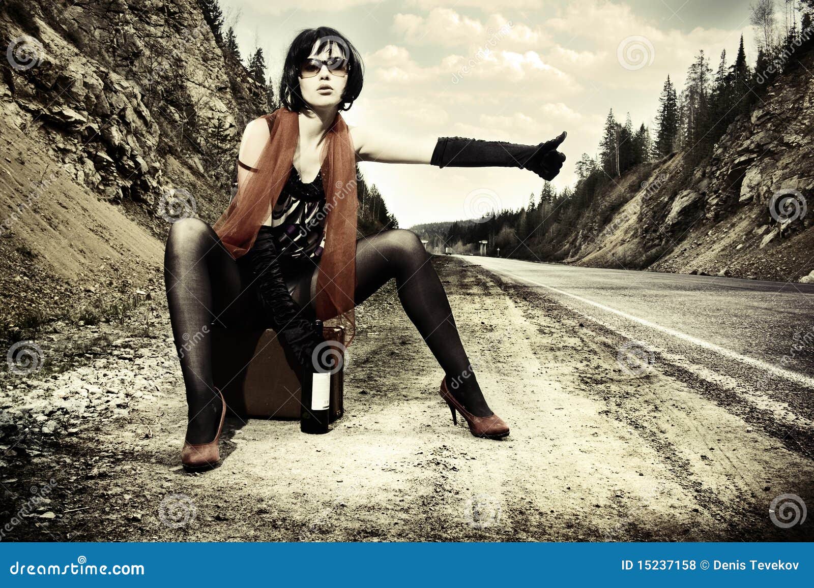 Sexy Girl Picture Web Girl Hitchhiking With Suitcase Royalty Free